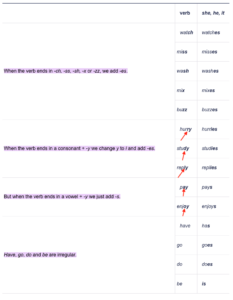 adding s, es to verbs in present simple